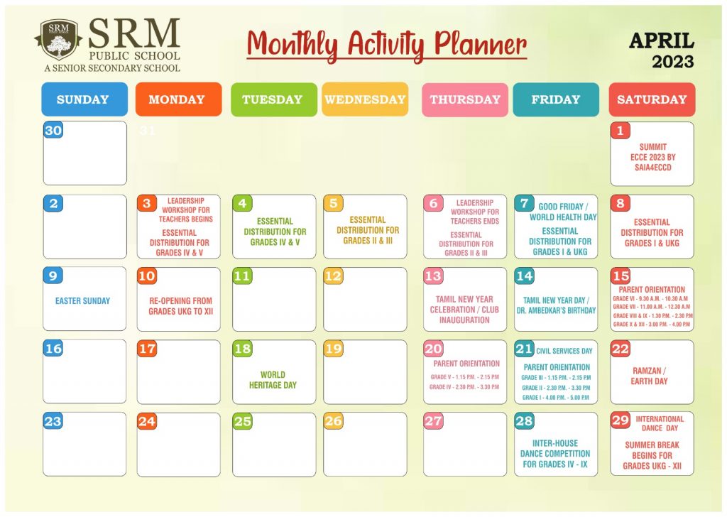 Monthly Activity Planner - April 2023 - SRM Public School