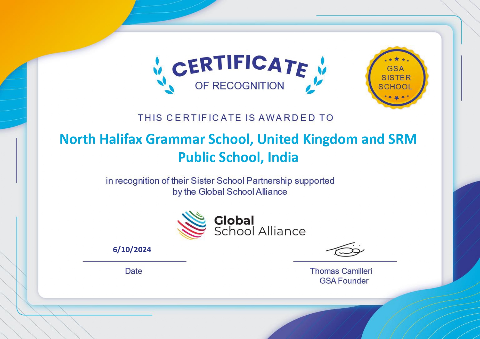Certificate of Recognition | Global School Alliance - SRM Public School
